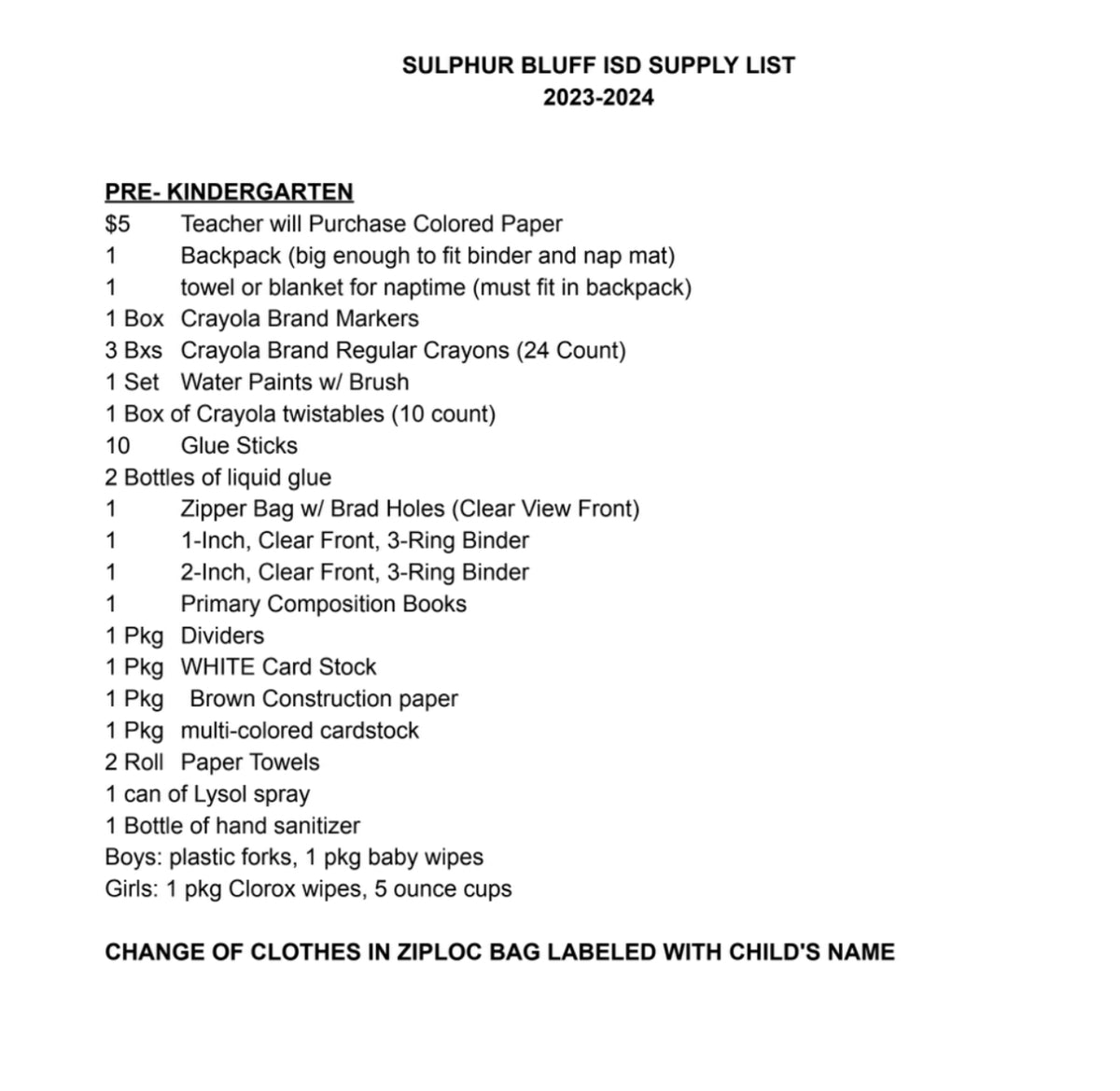 Sulphur Bluff Pre-K – TheSupplyKit